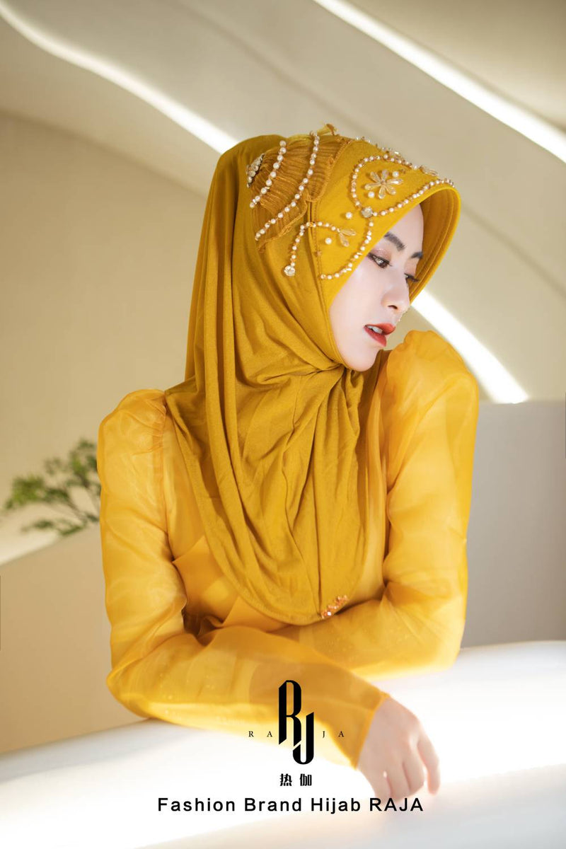 Amira-Gold Enchanting Fan-Shaped Hijab Cap with Pearl Embellishments ...