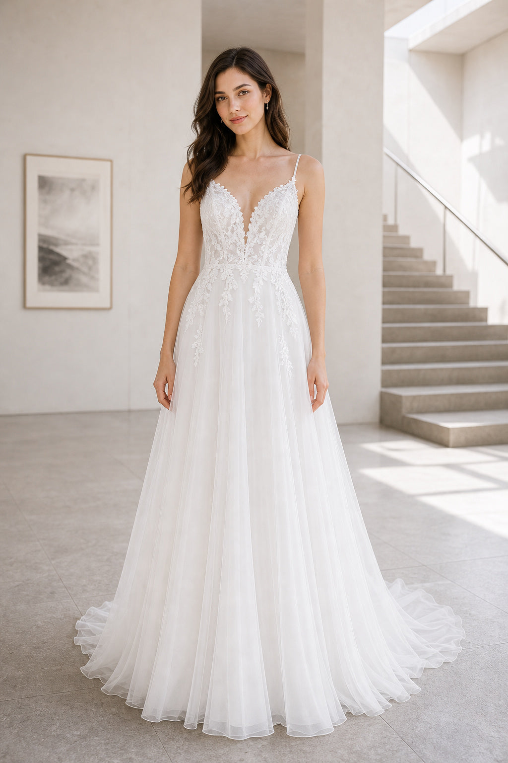 White V-neck Flutter Sleeves A-Line Crepe Floor-length Wedding Dress W ...