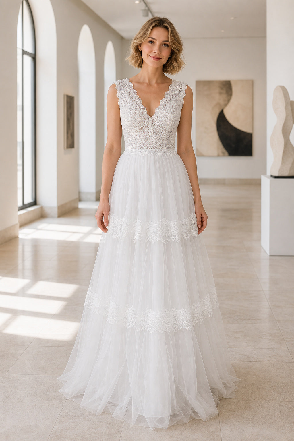 White Bateau Three-Quarter Sleeves A-Line Lace Floor-length Wedding Dr ...