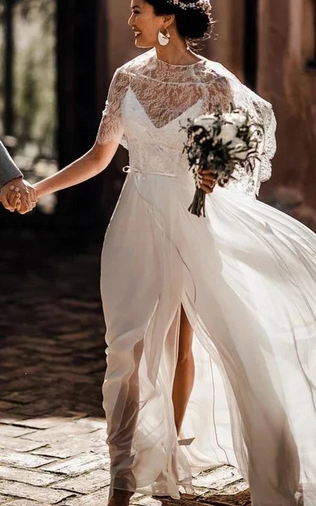 Simple Destination Front Split Chiffon Wedding Dress with Lace Cape ...